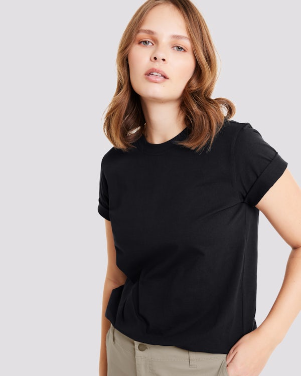 Svart T-skjorte i bomull med rund hals | Dameklær - Cubus