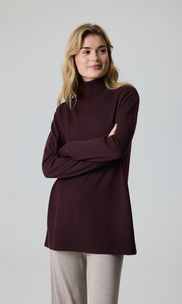 Vinröd Tunika i merinoull med polokrage | Dam | | Cubus